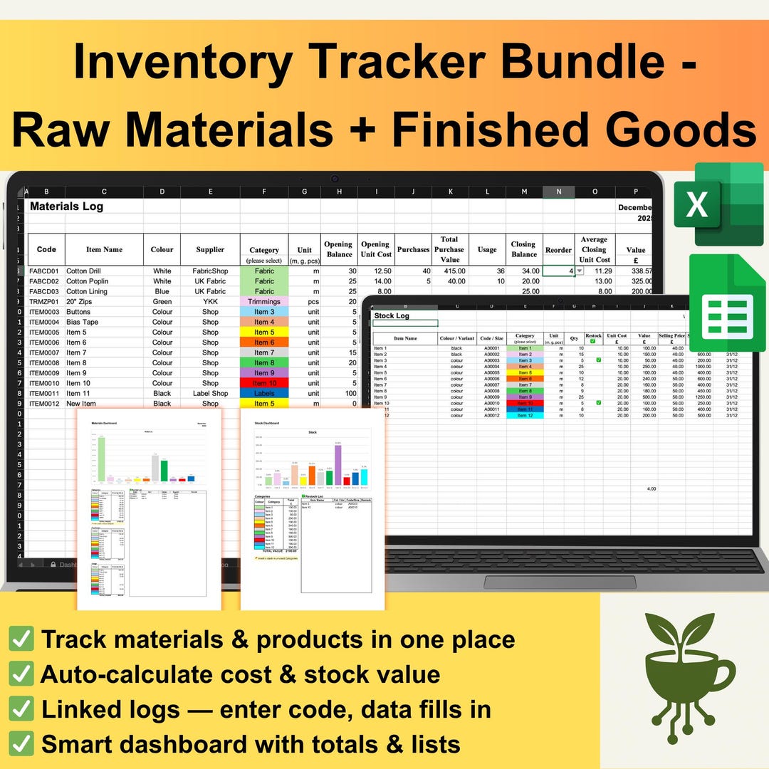 Inventory Tracker Bundle- Raw Materials + Finished Goods Stock Tracker ...