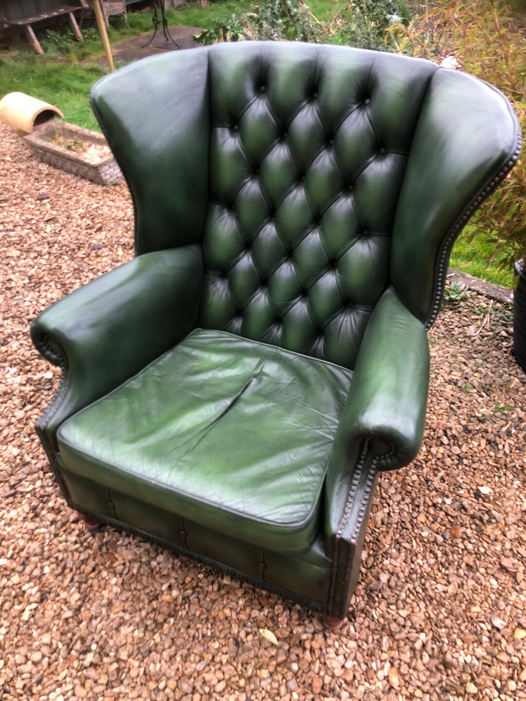 Vintage Green Leather Wingback Chair - Etsy