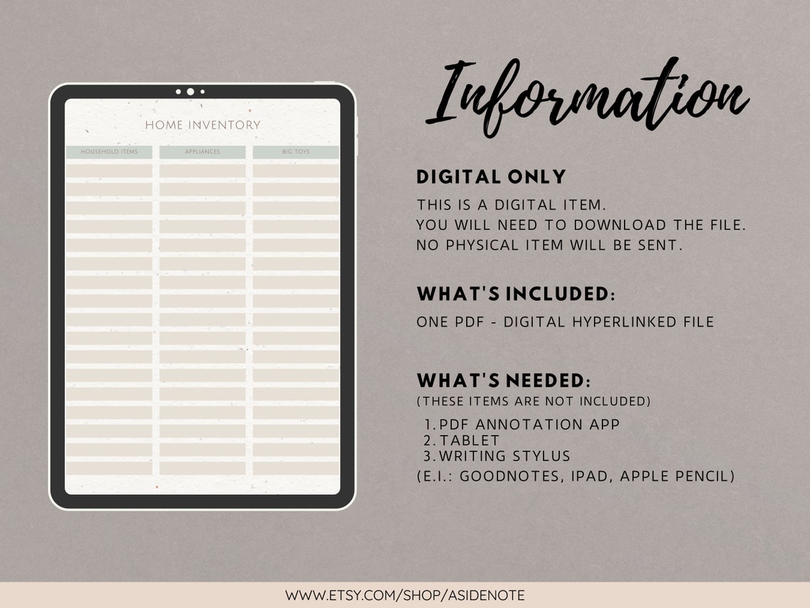 Home Inventory Digital Notebook | Hyperlinked PDF | List Pages ...