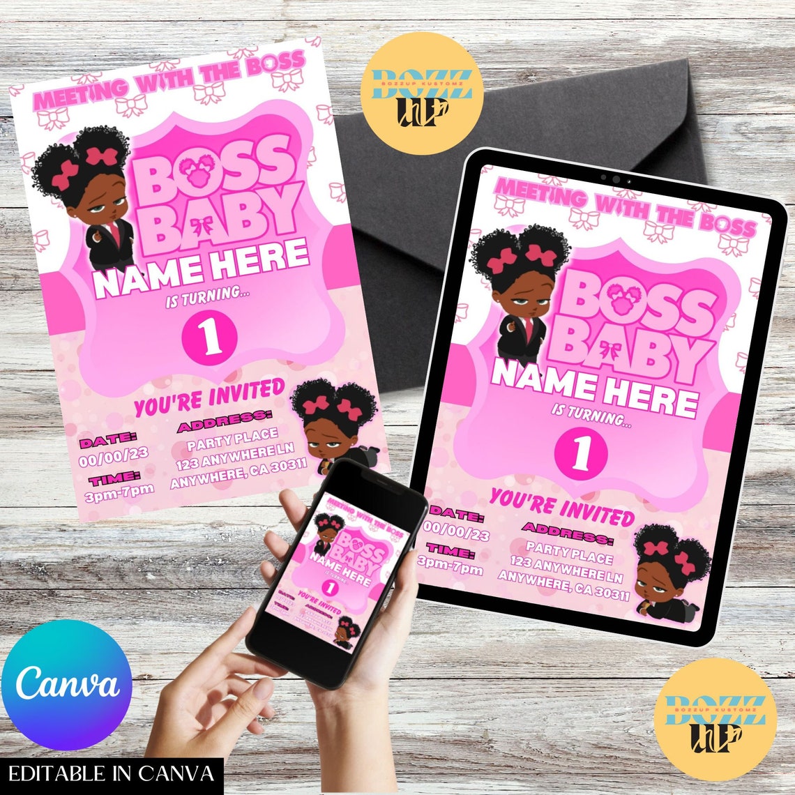 DIY Canva Template: Baby Boss Girl AA Invitation (PINK) - Customizable ...