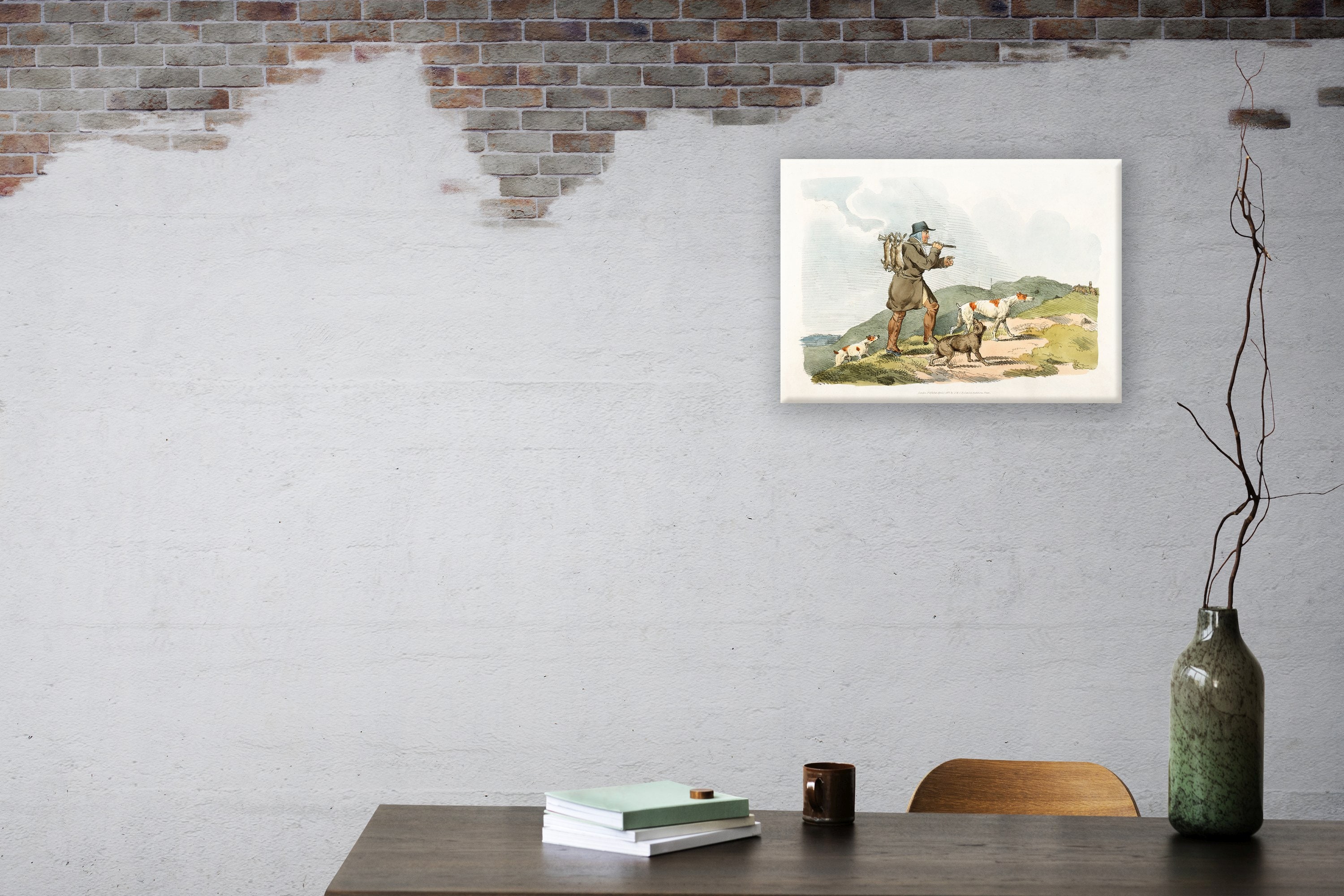 Vintage Poster Illustration of Hunter With Rabbits and Dogs From ...