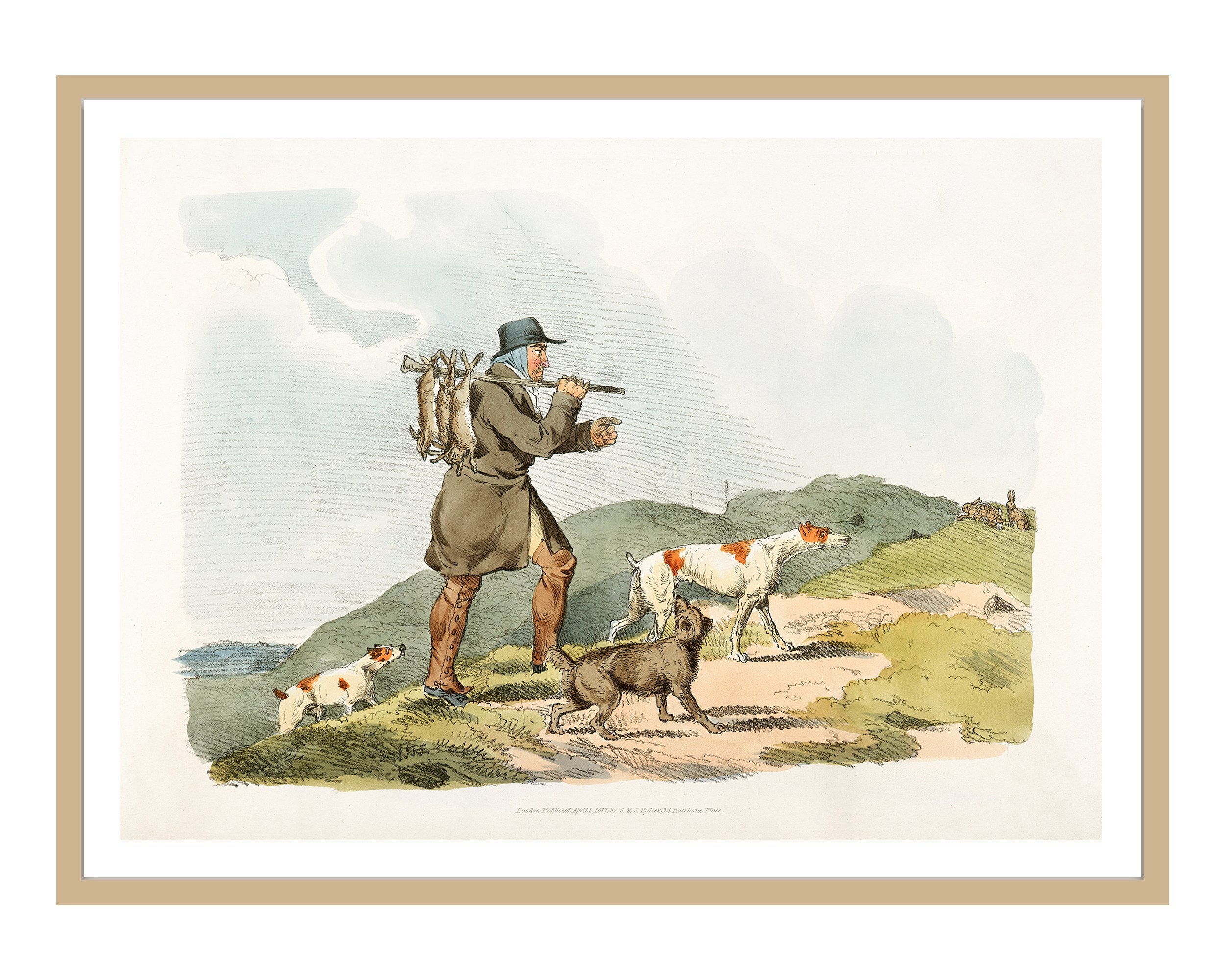 Vintage Poster Illustration of Hunter With Rabbits and Dogs From ...