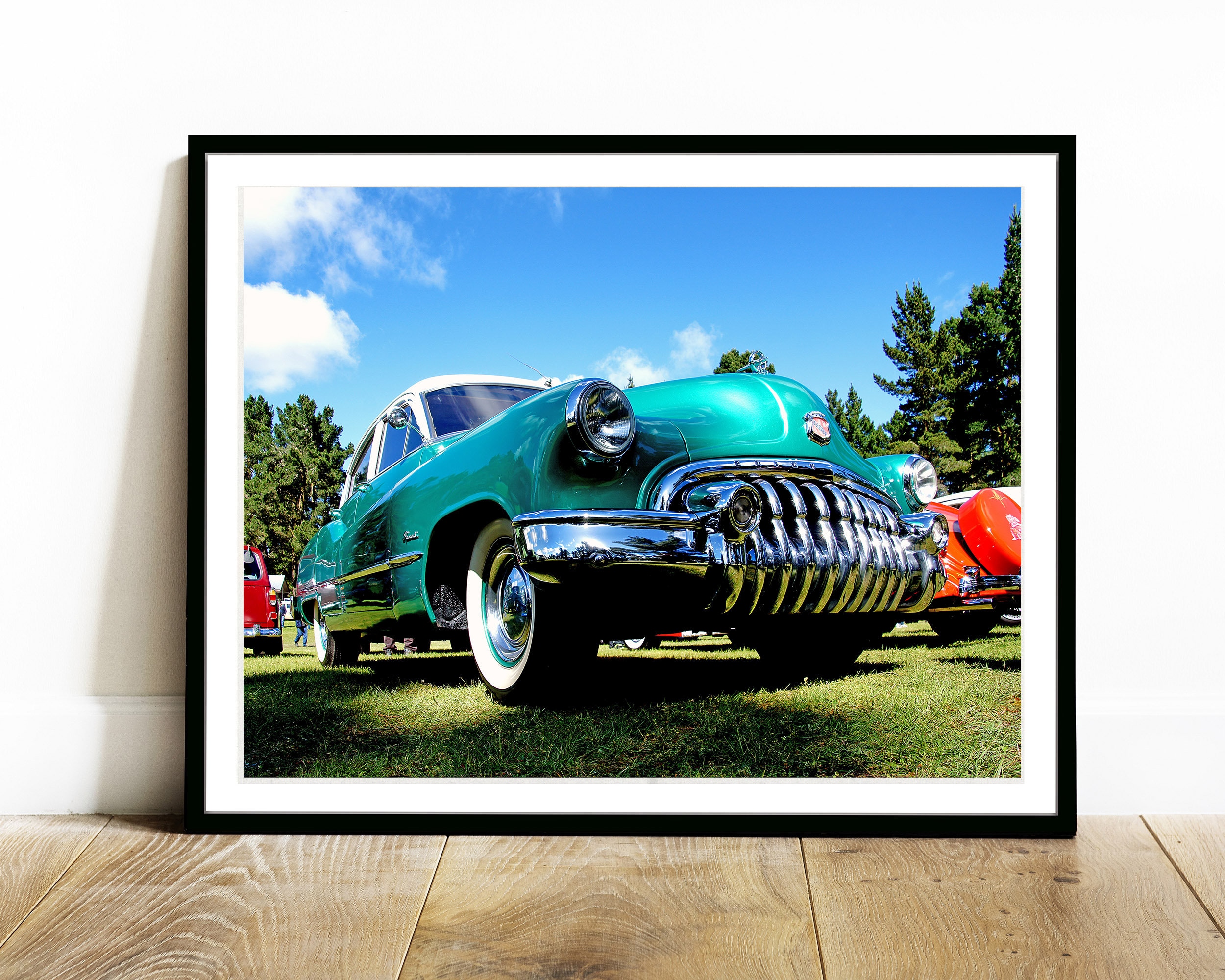 The Poster Depicts a 1950 Buick Special Dynaflow Car. It Has a Sleek ...
