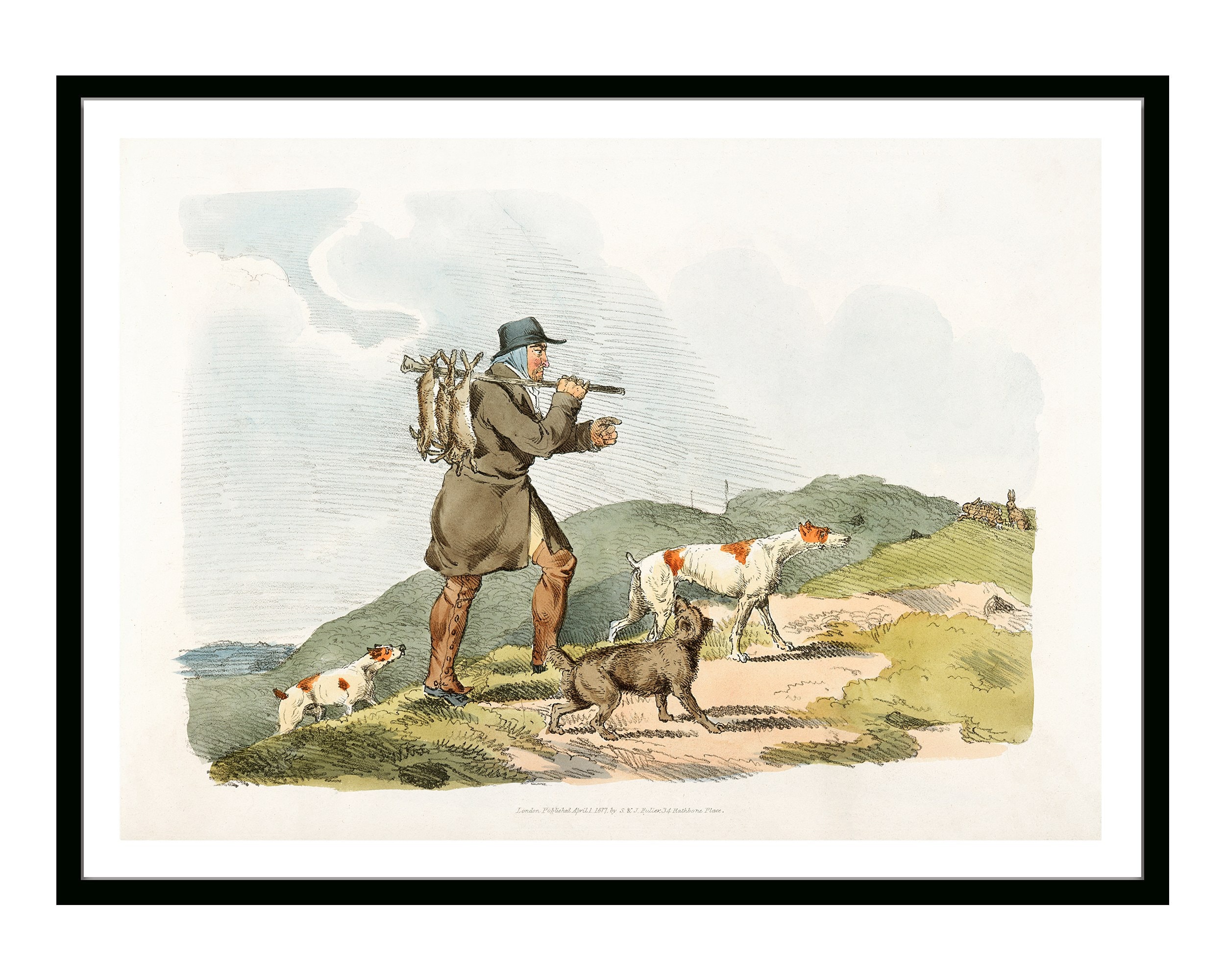Vintage Poster Illustration of Hunter With Rabbits and Dogs - Etsy