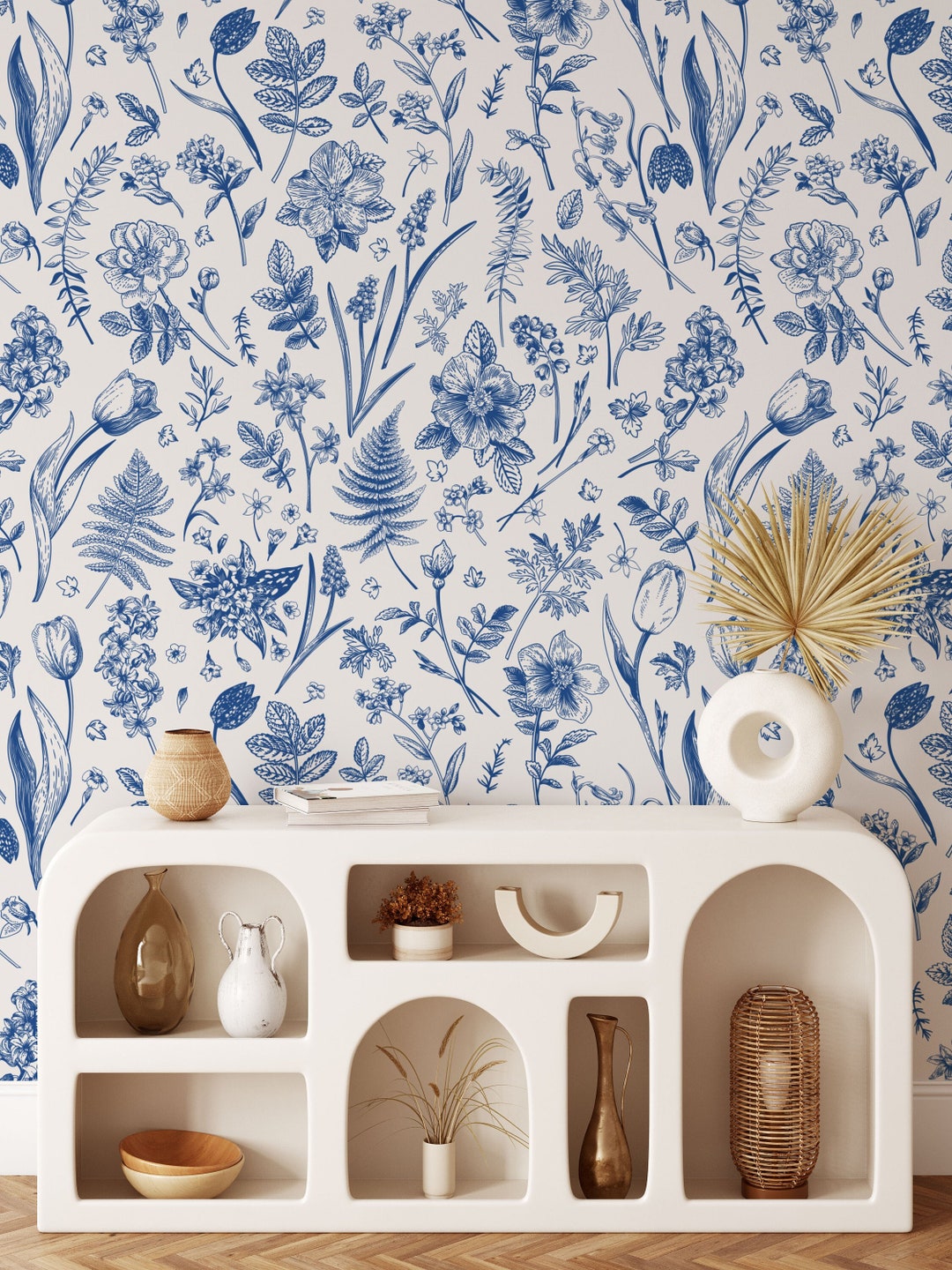 Removable Blue Floral Wallpaper, Mural Floral Wallpaper, Botanical ...