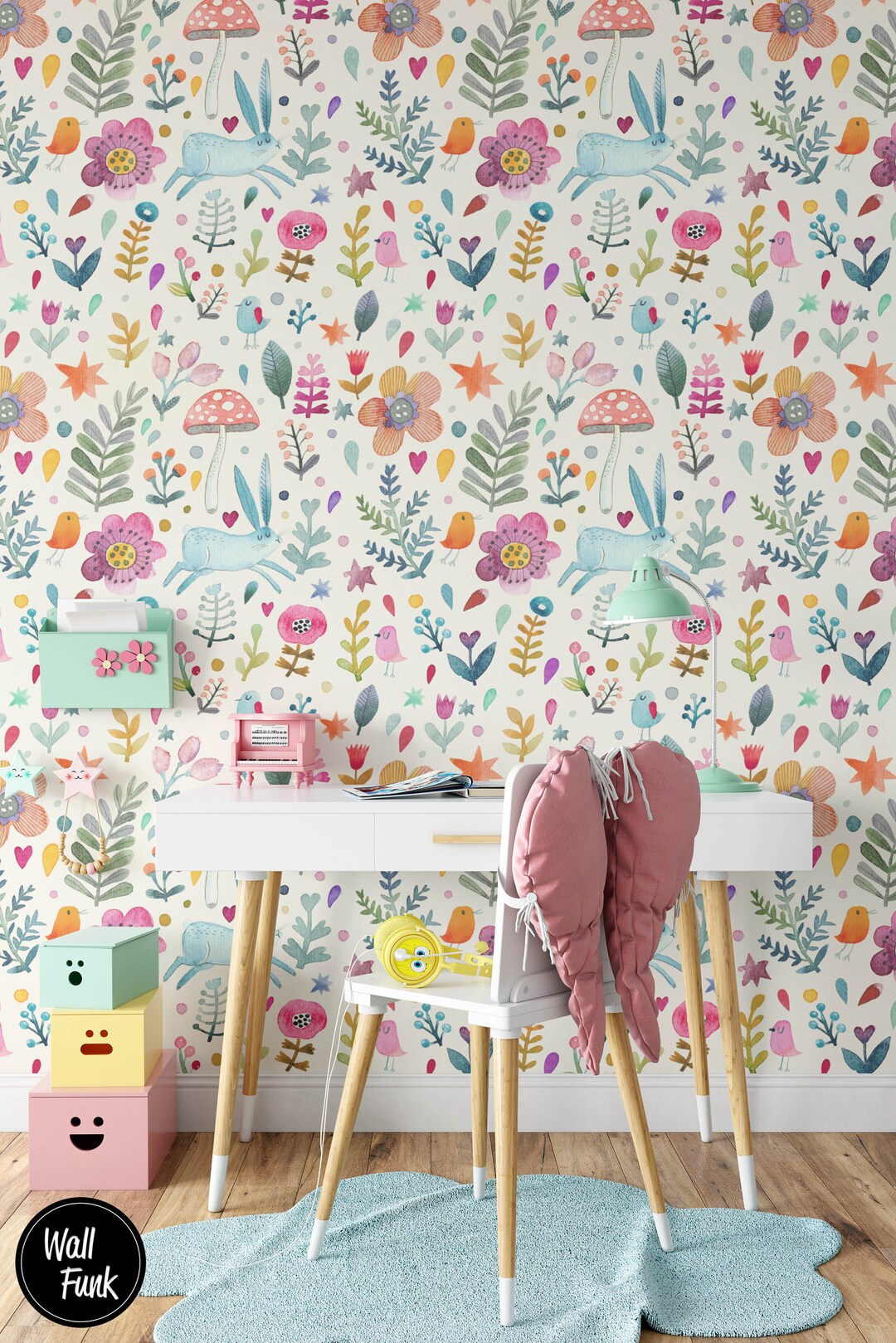 Rabbit Floral Nursery Wallpaper, Removable Stick on Wallpaper, Pre ...