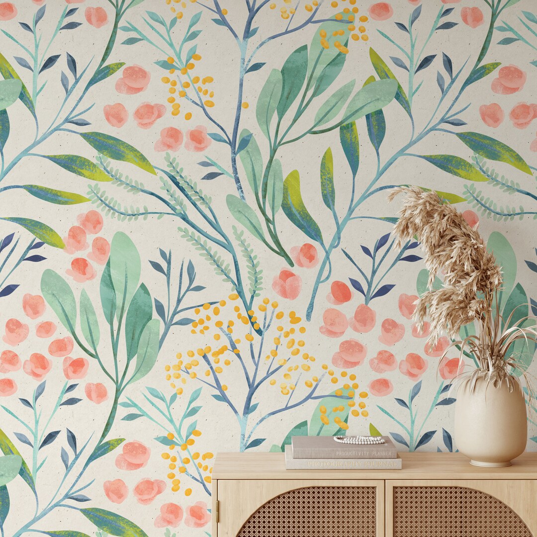 Removable Blue Floral Wallpaper, Mural Floral Wallpaper, Botanical ...