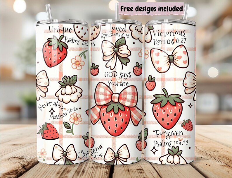 Strawberry Christian Tumbler Wrap – Bible Verse PNG, 6 Bonus Wraps ...