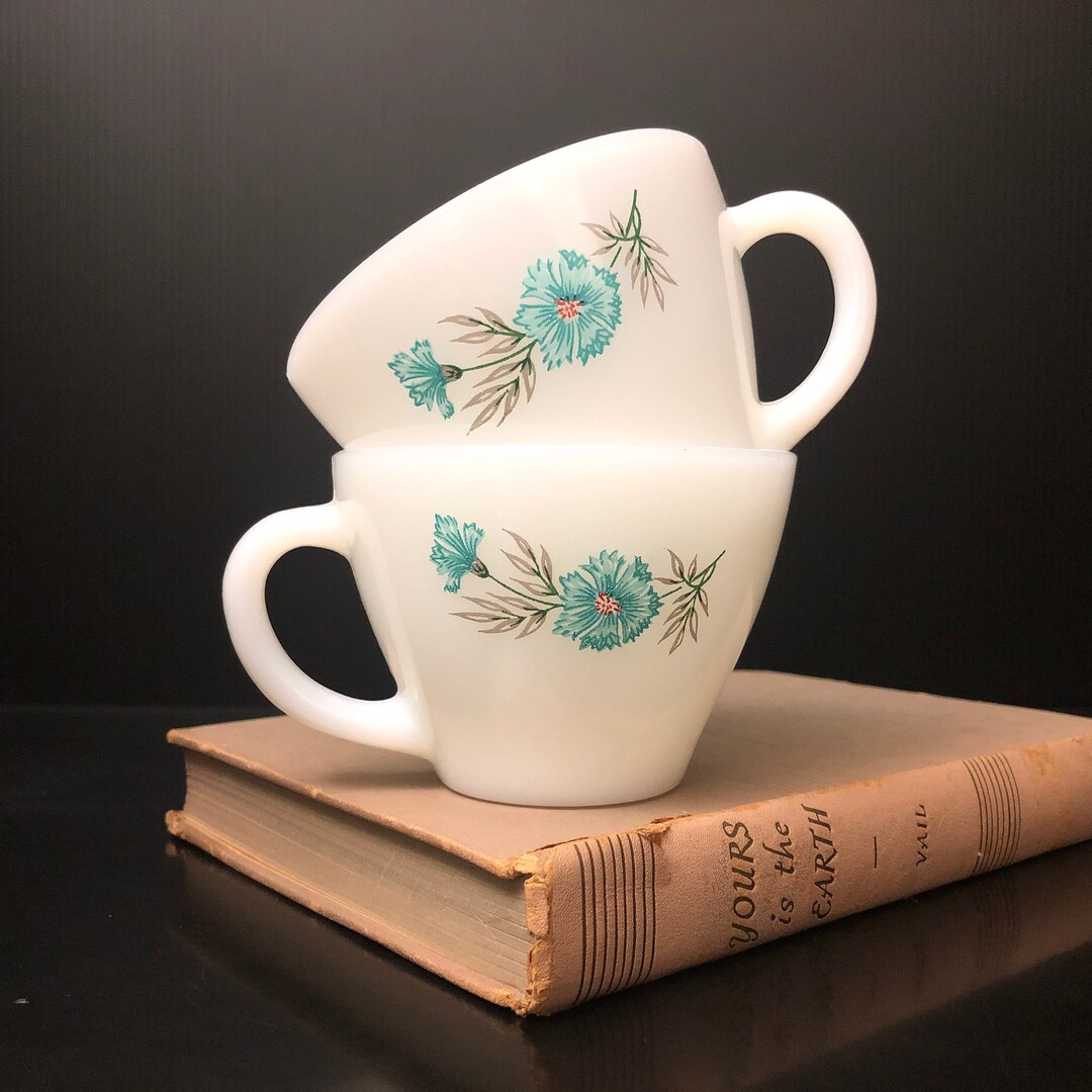 Fire King Blue Flower Milk Glass White Cups | Set of 2 | Made in USA - Etsy