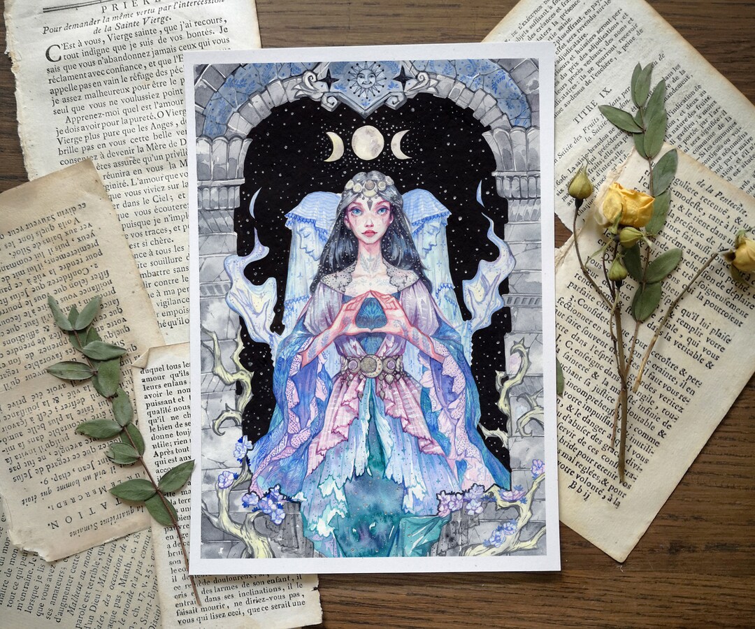 Hecata Goddes of Moon Art Print. Moon and Stars Girl Wall Art. Goth ...