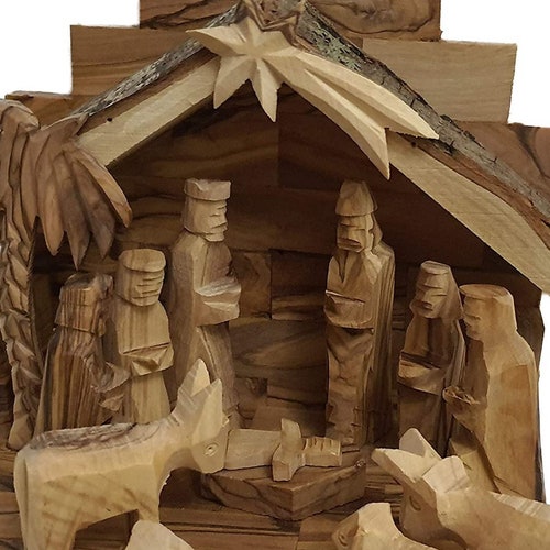 4.5 Olive Wood Nativity Set Stable With 9 Biblical - Etsy