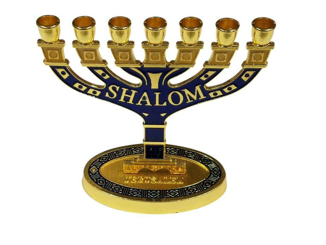 4" SHALOM Blue Enamel Decorative 7 Branch Menorah Judaica Candle Holder ...
