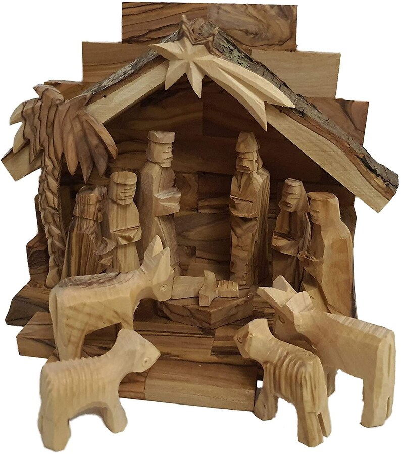 4.5" Olive Wood Nativity Set Stable With 9 Biblical Figurines From the ...