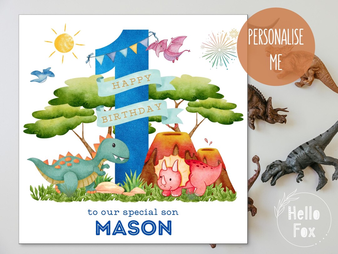 Personalised Kid's Dinosaur Themed Birthday Card. Any Name and Age. Son ...