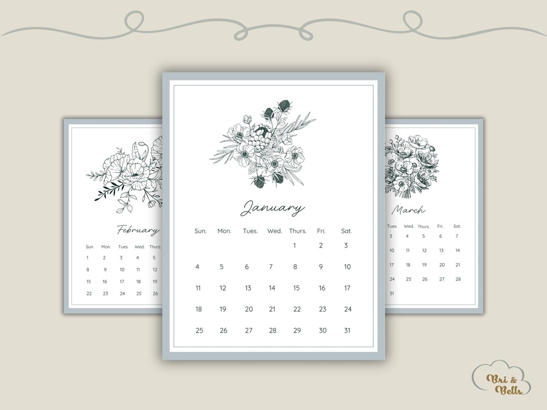 2026 Floral Monthly Wall Calendar: Black and White Flower Drawings ...