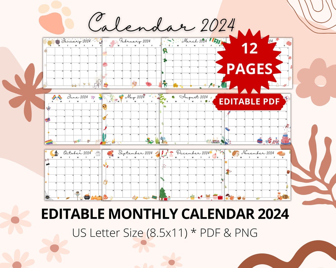 Editable Calendar 2024, 12 Month, Holiday Calendar, Blank Template ...