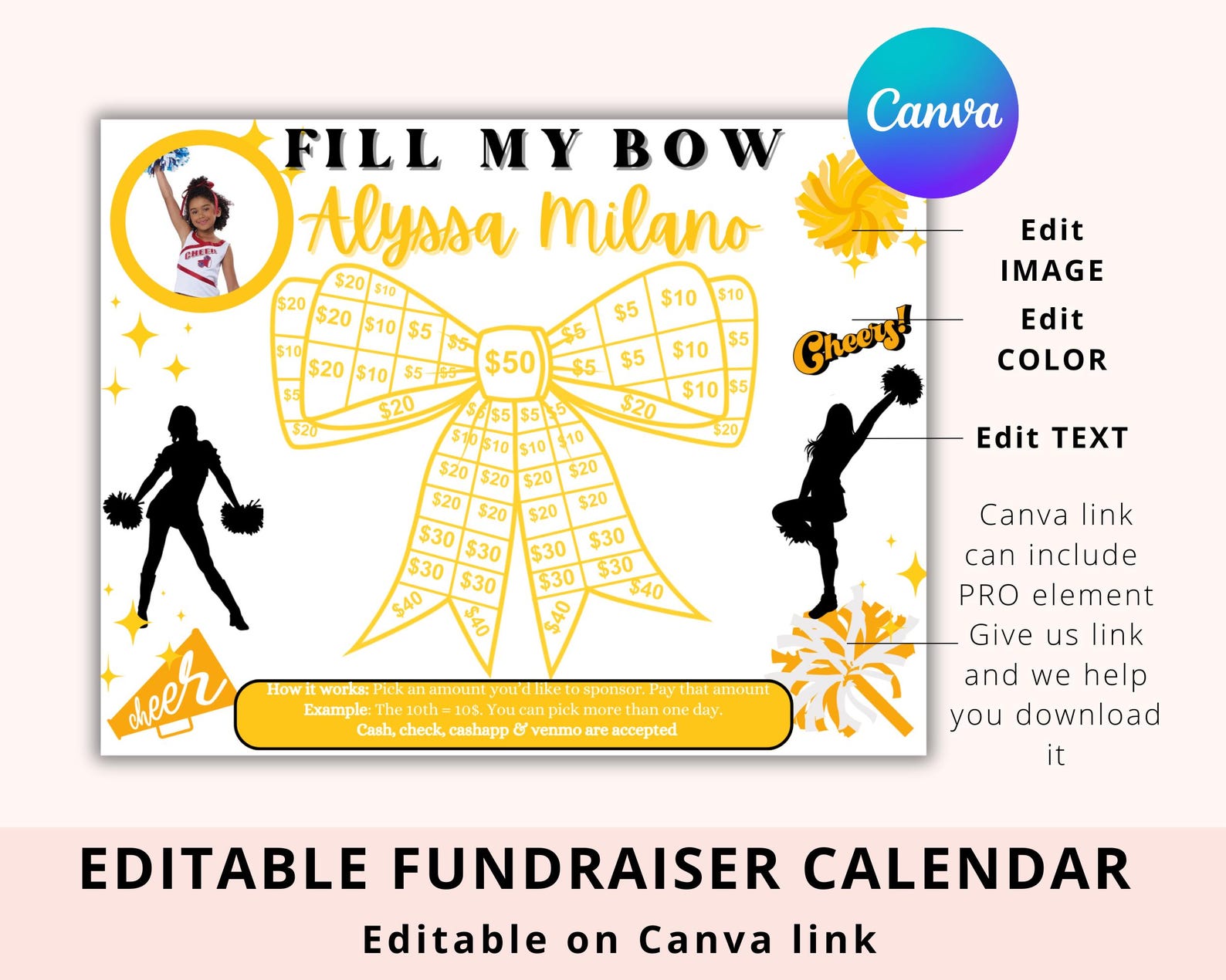 Editable Cheer Pick a Date to Donate, Fill My Bow, Yellow Theme, School ...