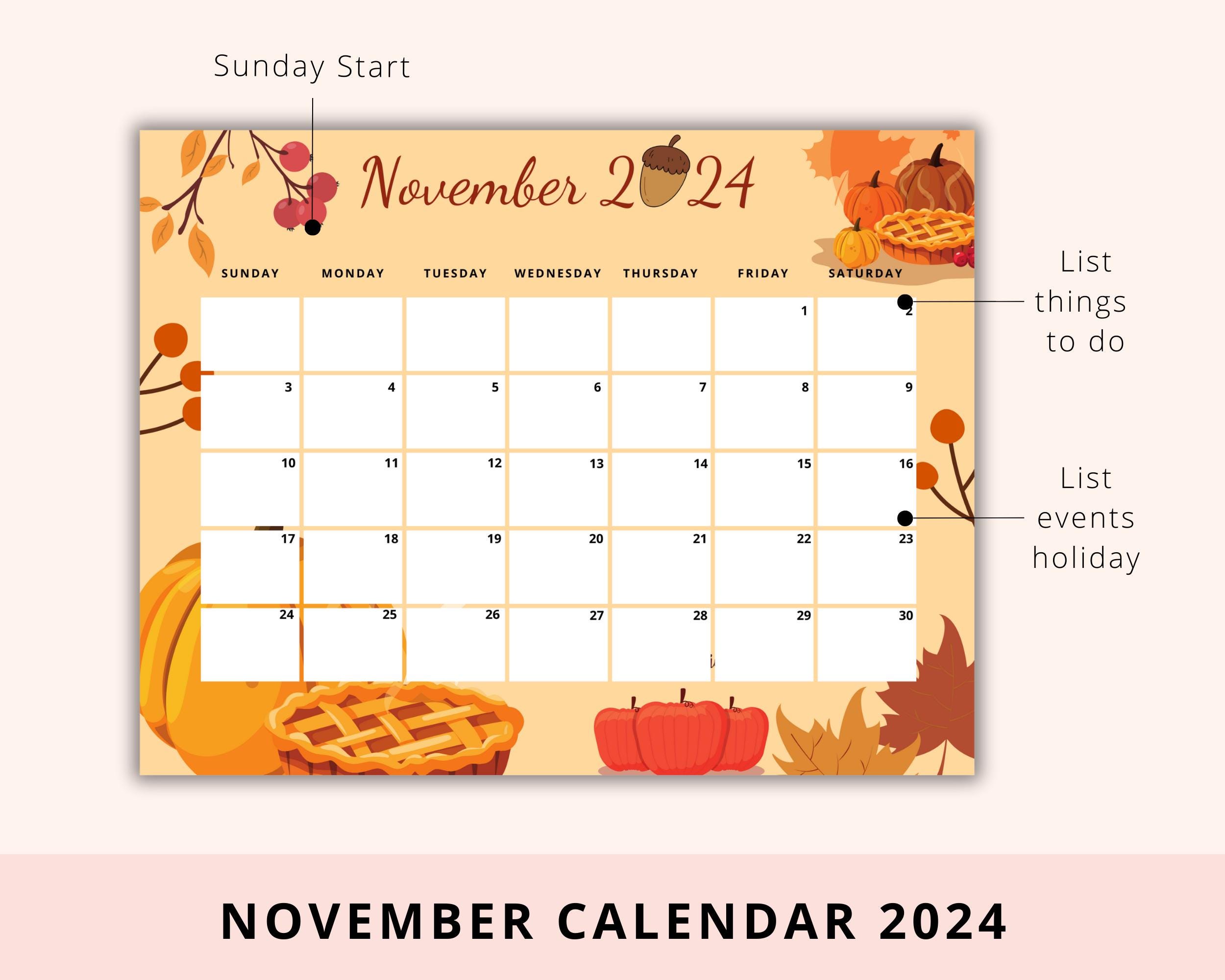 Editable Thanksgiving 2024 Calendar, November 2024 Calendar, Autumn ...