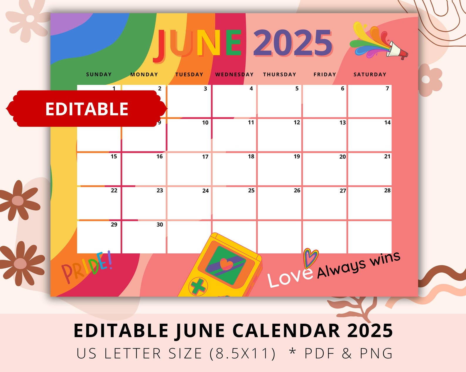 Editable June Calendar 2025, June Planner 2025, Pride Month, Queer ...