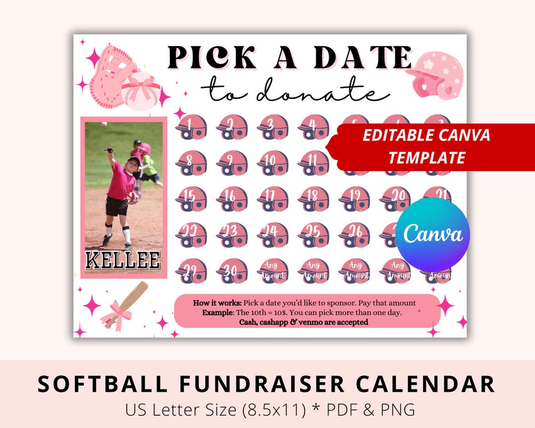 Editable Softball Pick a Date to Donate, Pink, Black Out My Board, Help ...
