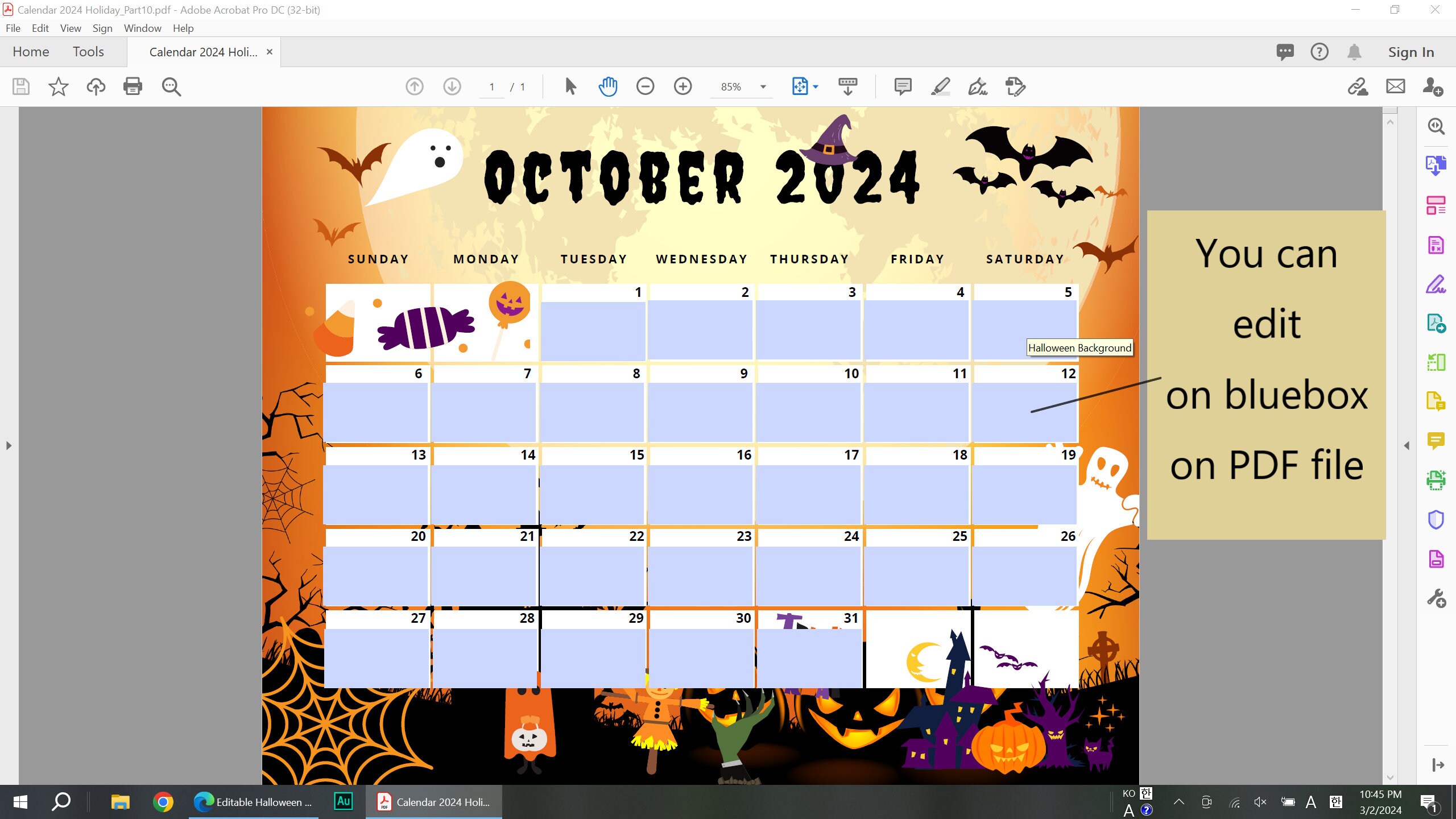 Editable Halloween 2024 Calendar Printable, October 2024, Holiday Theme ...