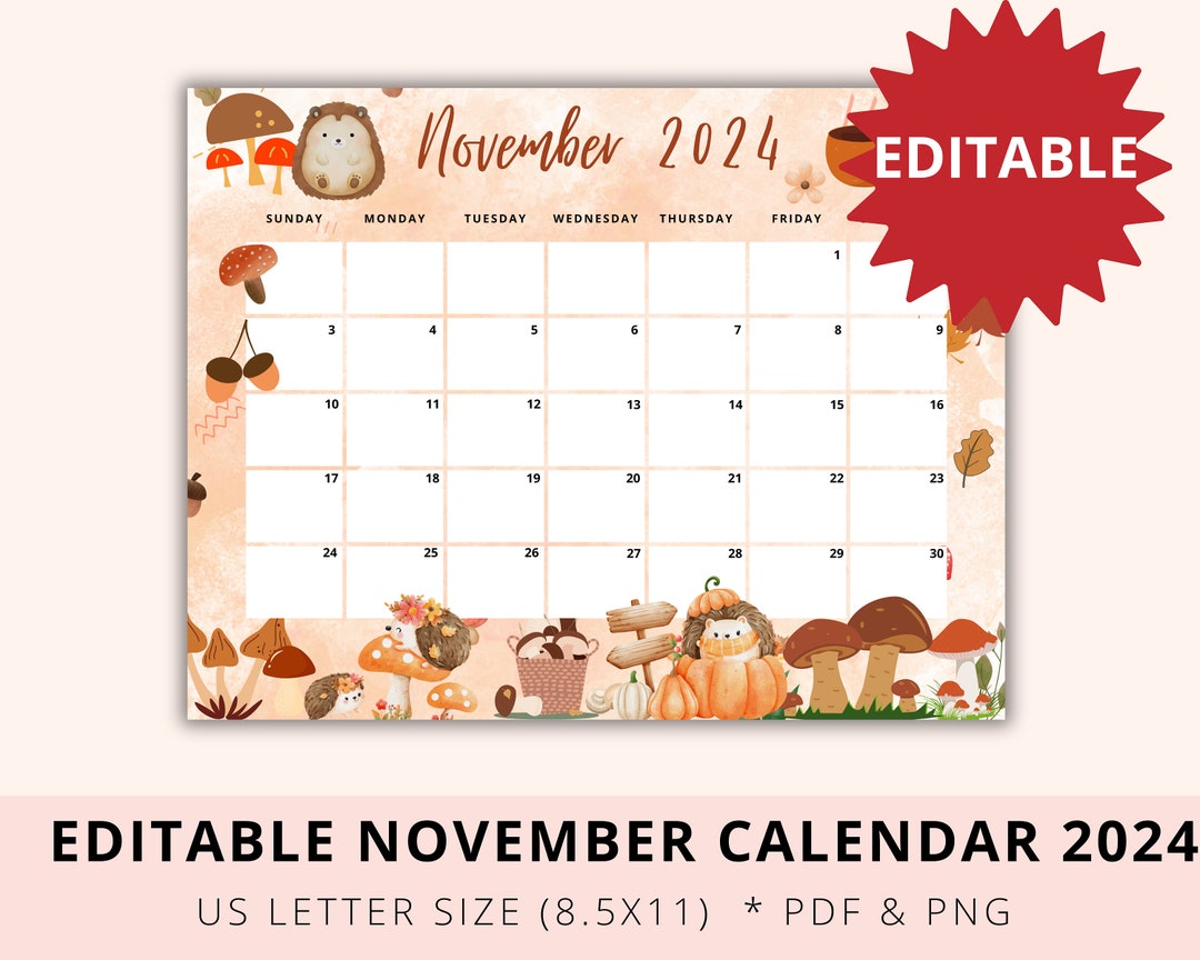 Editable Thanksgiving 2024 Calendar, November 2024 Calendar, Autumn Theme, Academic Planner, Kid ...