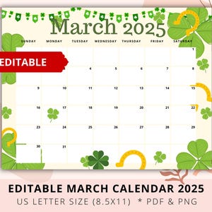 Editable March 2025 Monthly Calendar, Green St Patrick 2025, Homeschool ...