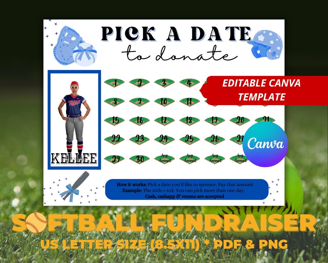 Editable Softball Pick a Date to Donate, Softball Black Out My Board ...