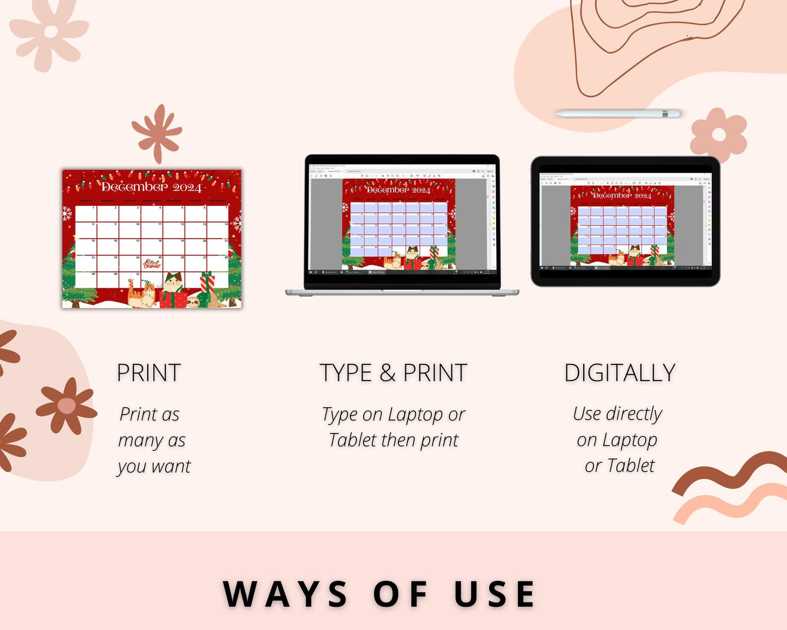 Editable Christmas Calendar 2024 Printable, December 2024, Cat Calendar ...