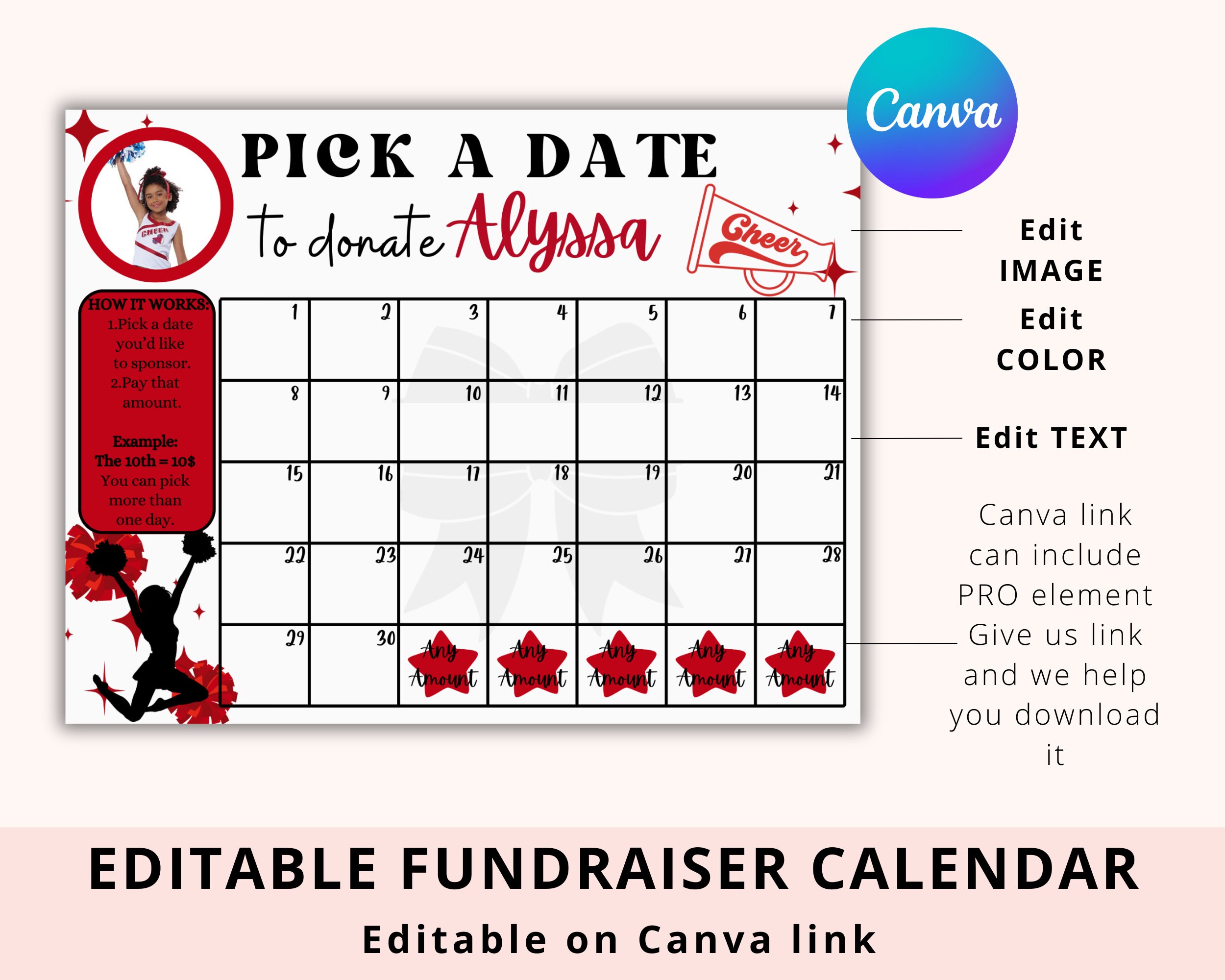 Editable Cheer Template Pick a Date, Fundraiser Calendar, Sponsor a ...