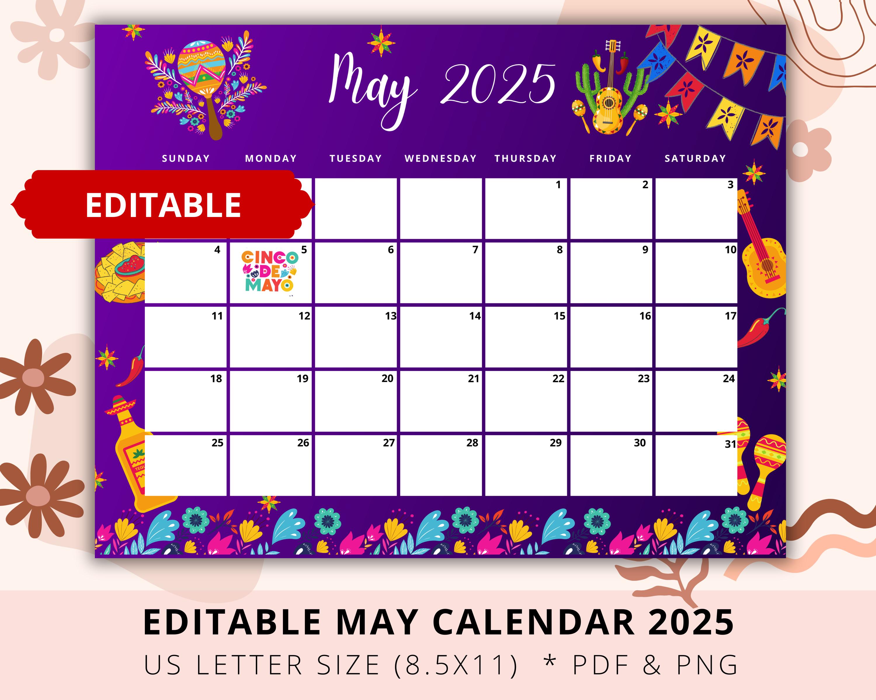 Editable May Calendar 2025, Monthly Calendar 2025, Cinco De Mayo ...