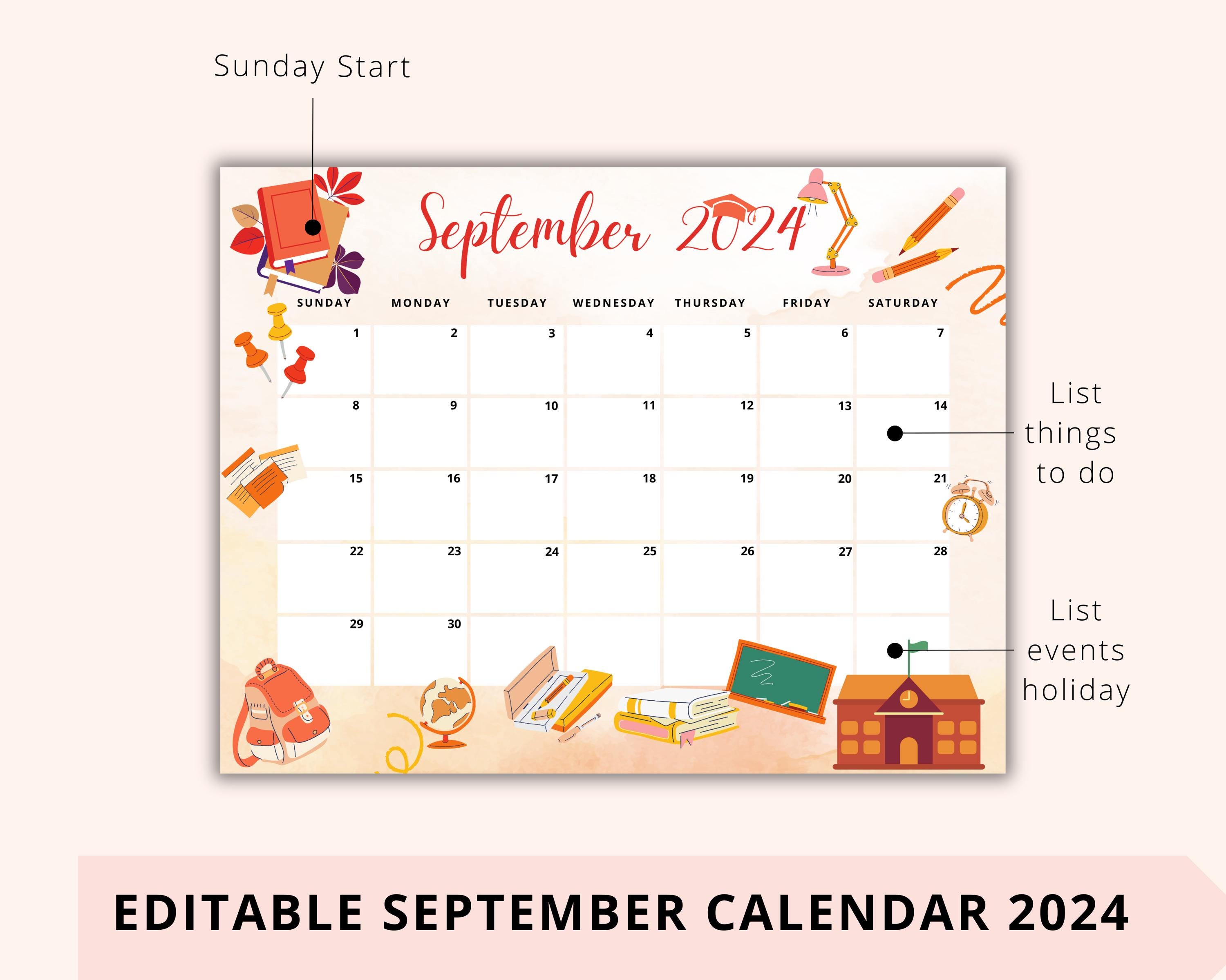 Editable September Calendar 2024, Back to School 2024, Calendar for Kid ...