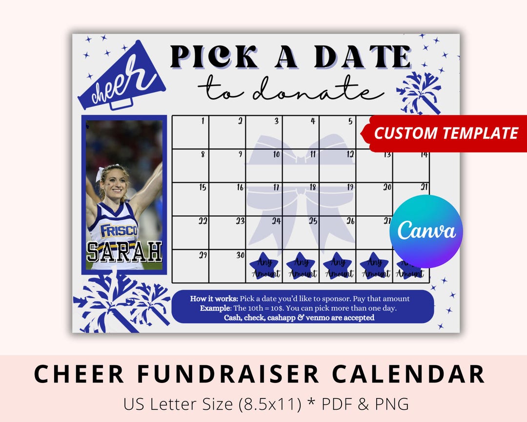 Custom Cheer Fundraiser Calendar, Cheer Pick a Date to Donate, Navy ...