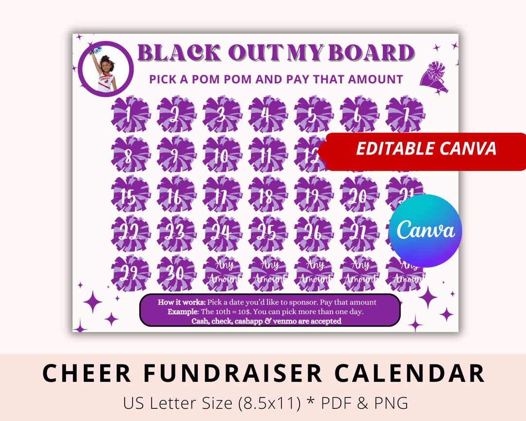 Editable Cheer Pick a Date to Donate, Purple Theme, Black Out My Board ...