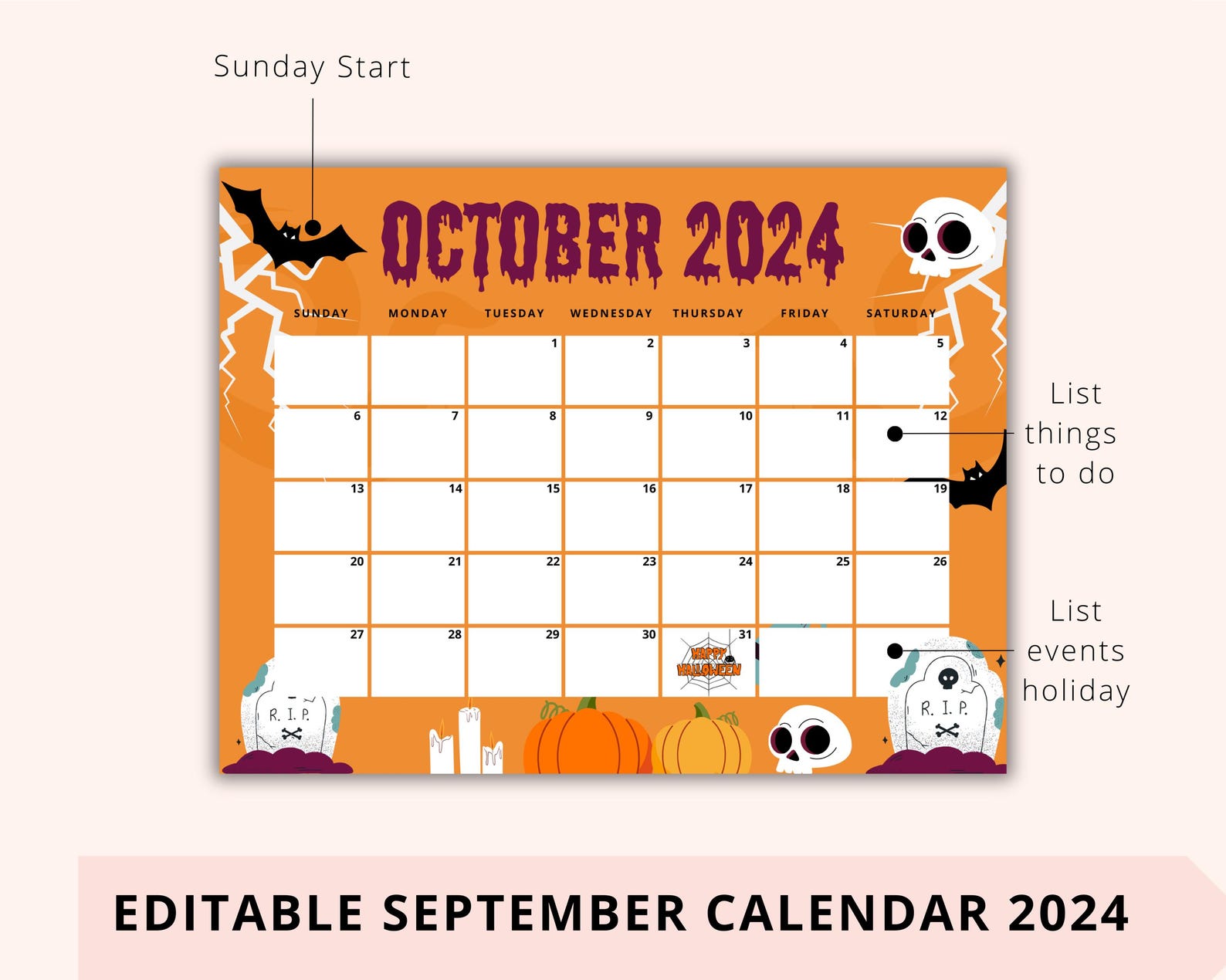 Editable October 2024 Calendar Printable, Trick or Treat, Halloween ...