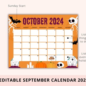 Editable October 2024 Calendar Printable, Trick or Treat, Halloween ...