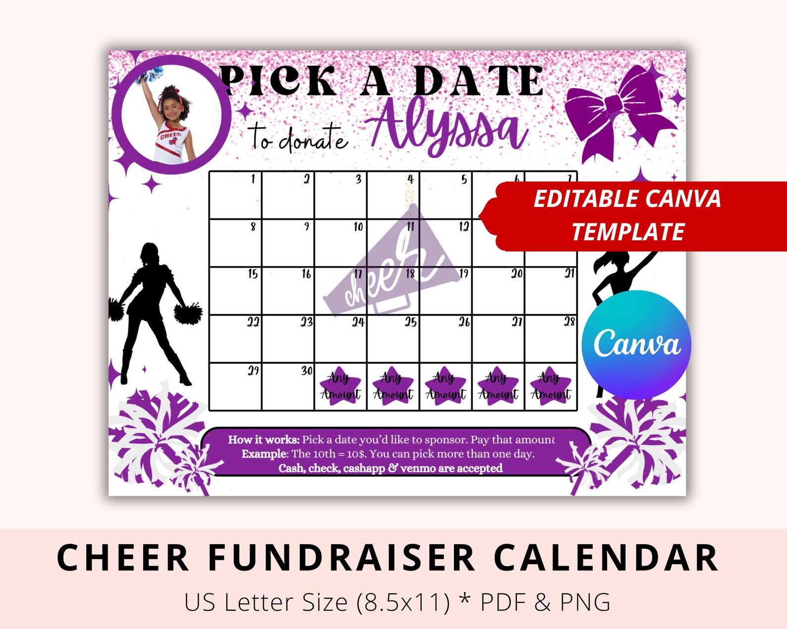 Editable Cheer Pick a Date to Donate, Purple Theme, Cheer School ...