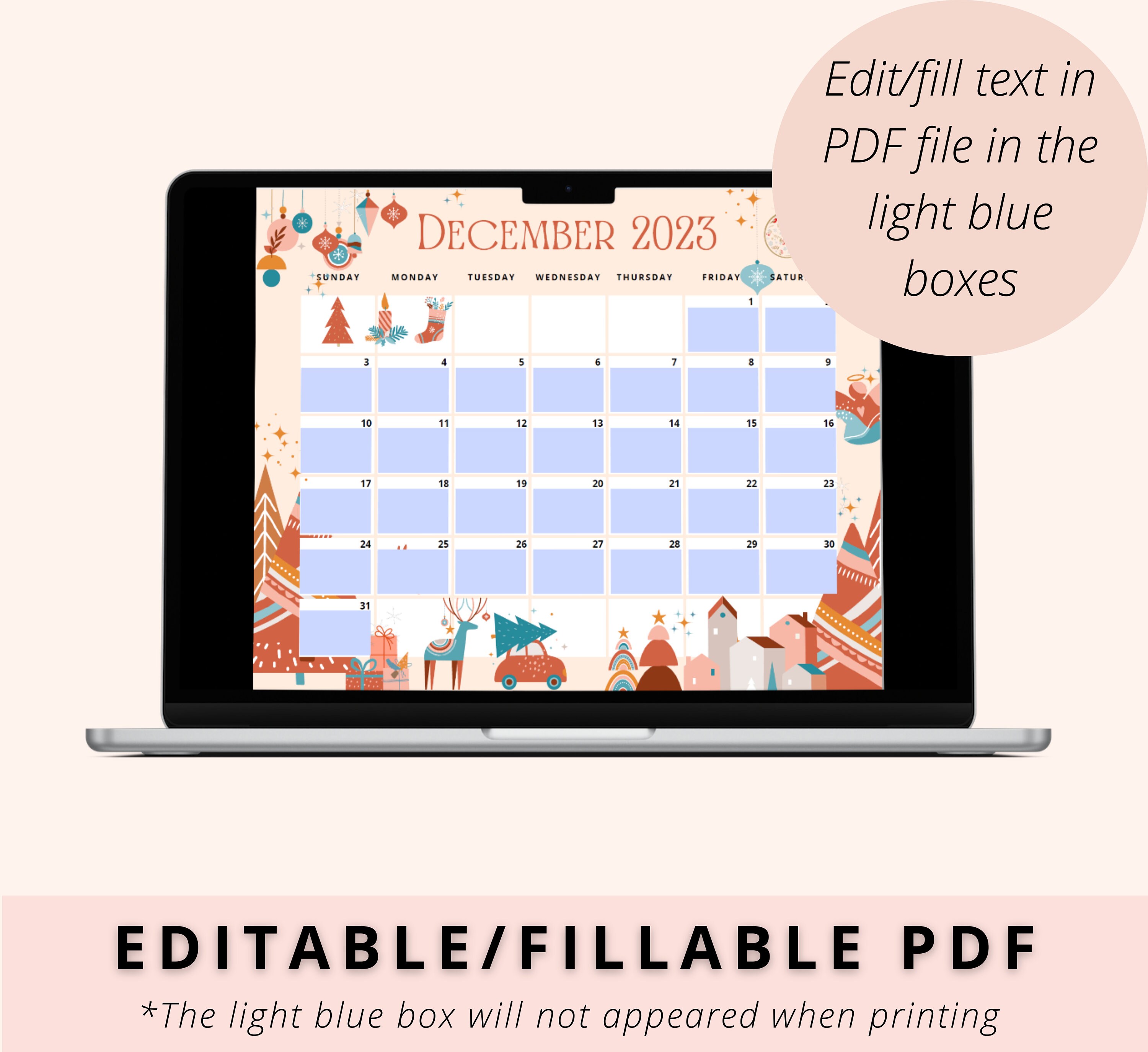 Editable Christmas Calendar 2023, December Calendar Printable, Boho ...