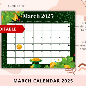 Editable March 2025 Calendar, St. Patrick's Day, Green Theme, March ...