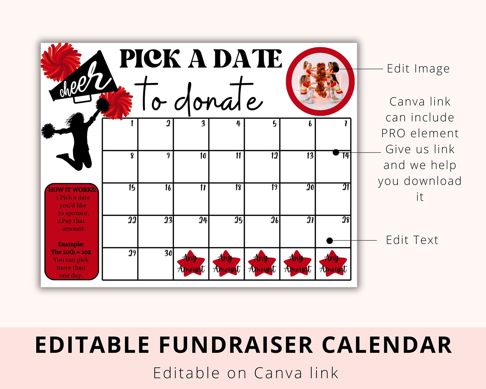 Editable Cheer Pick a Date to Donate, Black Out My Board, Canva, Pay ...