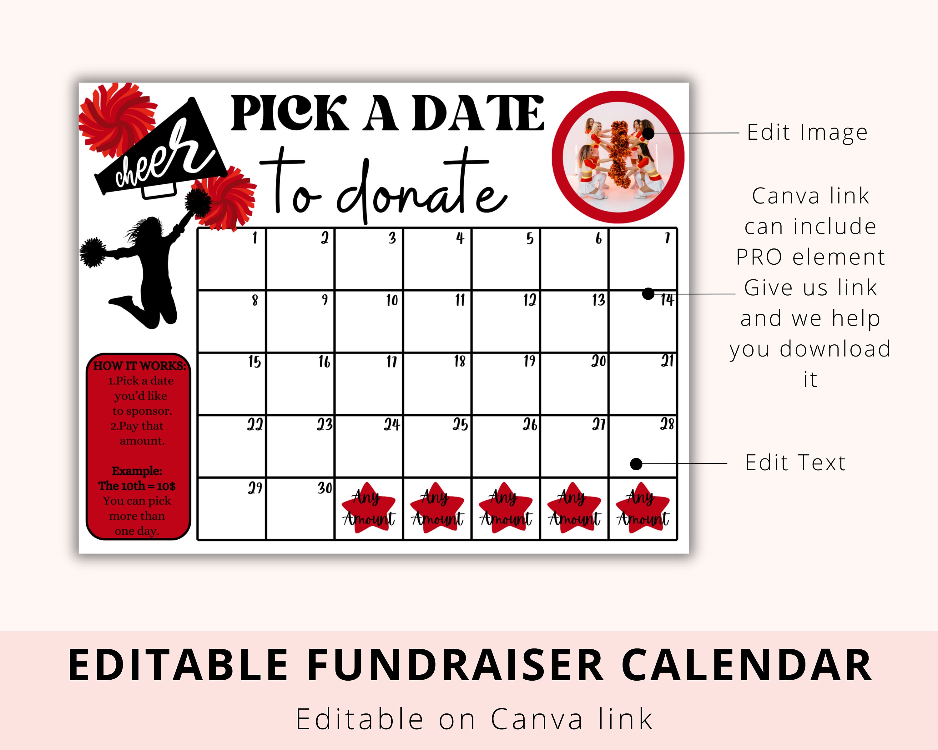 Editable Cheer Pick a Date to Donate, Black Out My Board, Canva, Pay ...