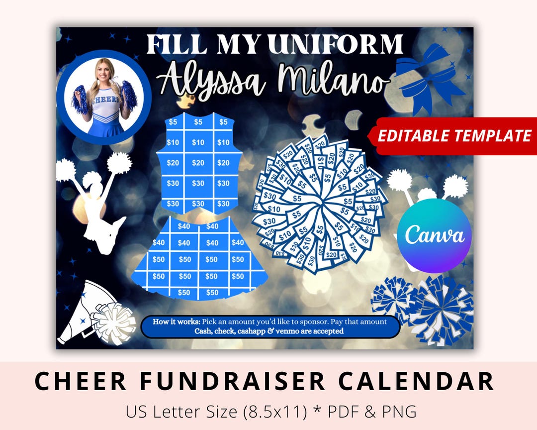 Editable Cheer Pick a Date to Donate, Cheer Fundraiser Calendar, Navy ...