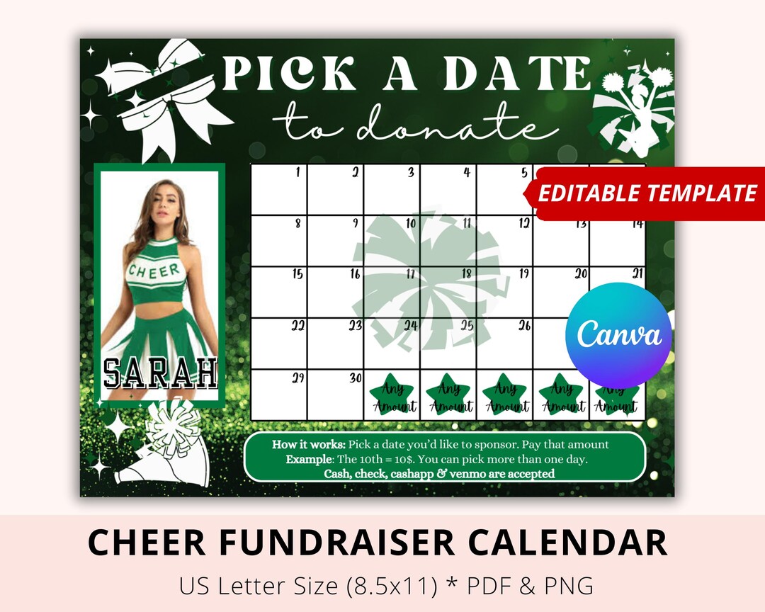 Cheer Pick a Date to Donate, Editable Cheer Fundraiser Calendar, Green ...