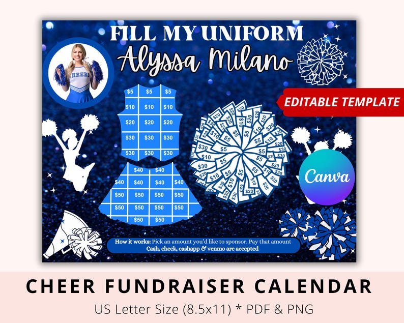 Editable Cheer Pick a Date to Donate, Cheer Black Out My Board, Navy ...