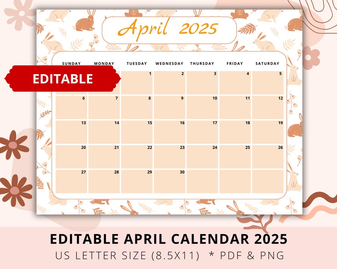 Editable April Calendar 2025, April 2025 Calendar, Easter Planner ...