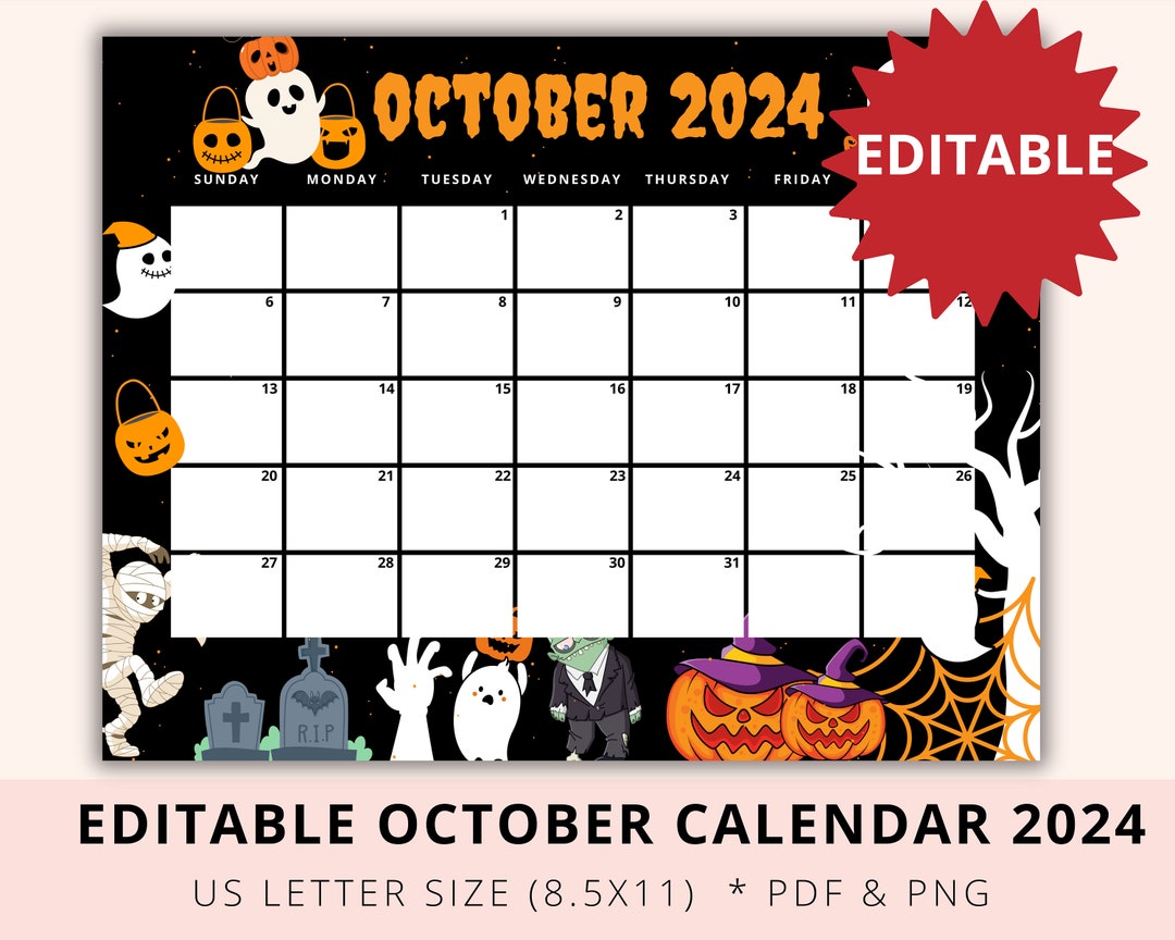 Editable Halloween Calendar 2024, October 2024 Calendar, Trick or Treat ...