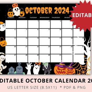 Editable Halloween Calendar 2024, October 2024 Calendar, Trick or Treat ...