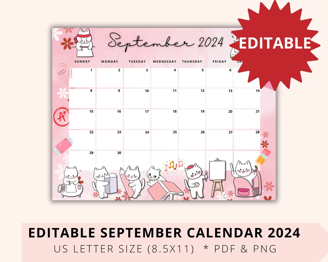 Editable September 2024 Calendar, Monthly Calendar Printable, Academic ...