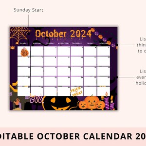 Editable Halloween 2024 Calendar, October 2024 Calendar, Kid Calendar ...