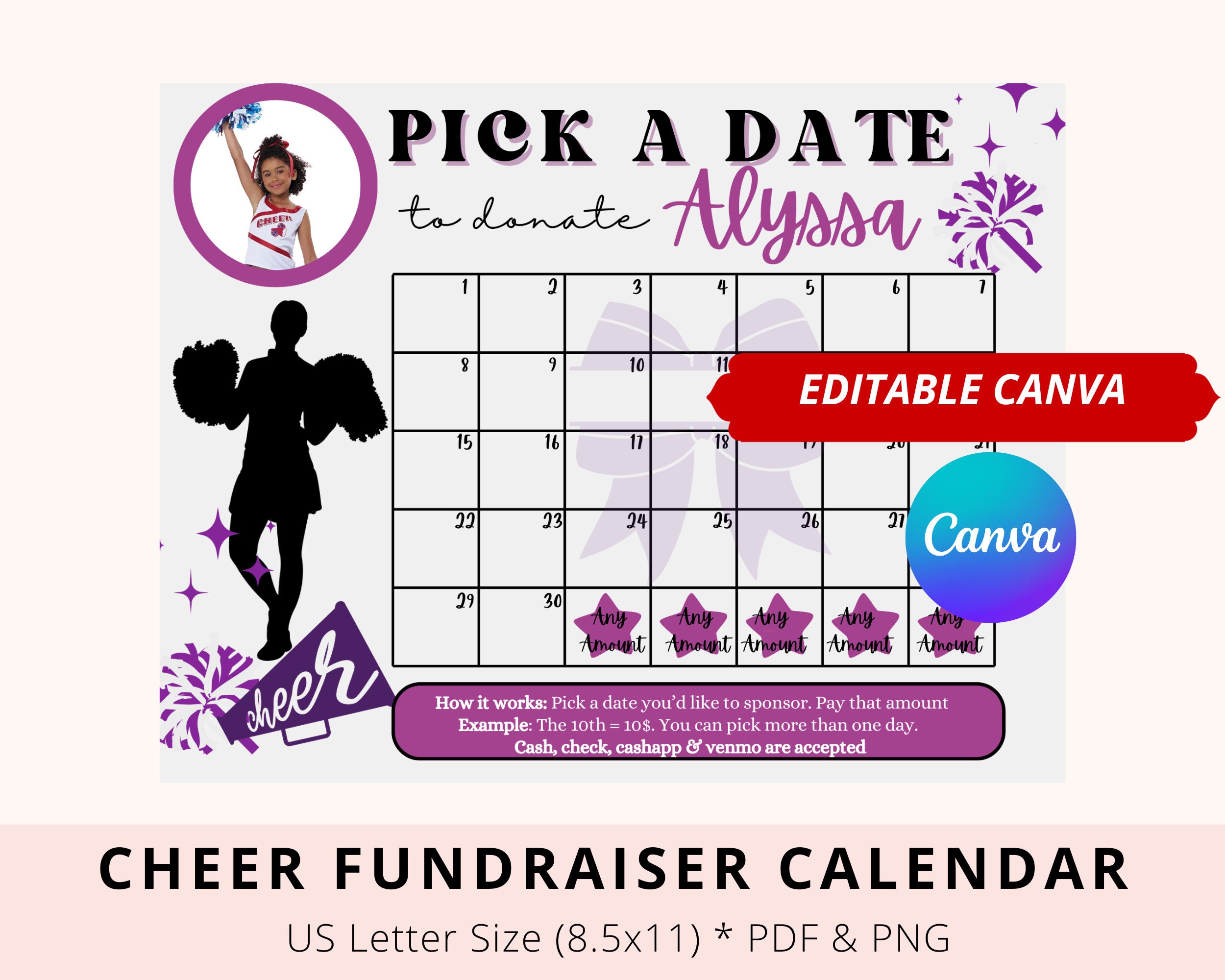 Editable Cheer Pick a Date to Donate, Fundraiser Calendar, Purple Theme ...